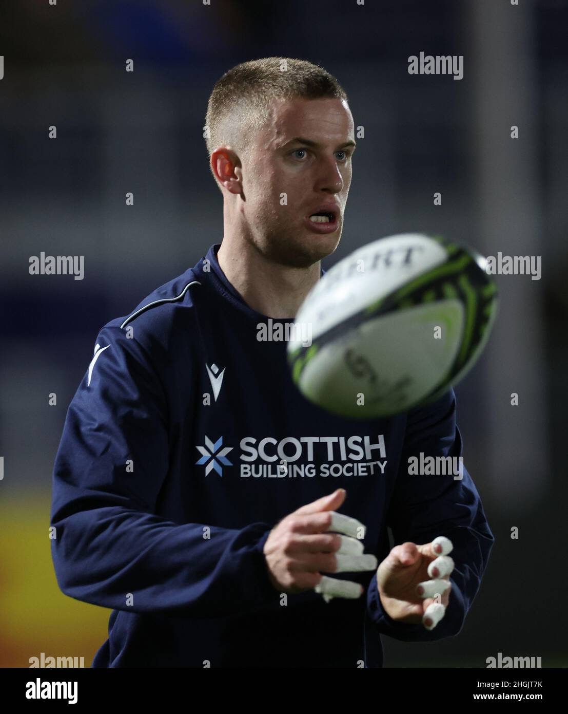 Edinburgh's Freddie Owsley warming up before the EPCR Challenge Cup ...