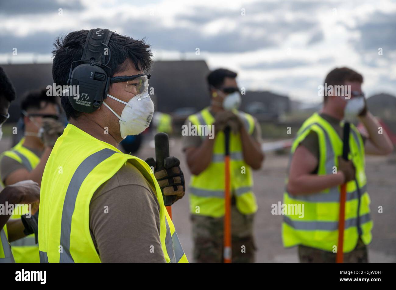 U.S. Airmen assigned to the 48th Civil Engineer Squadron observe a ...