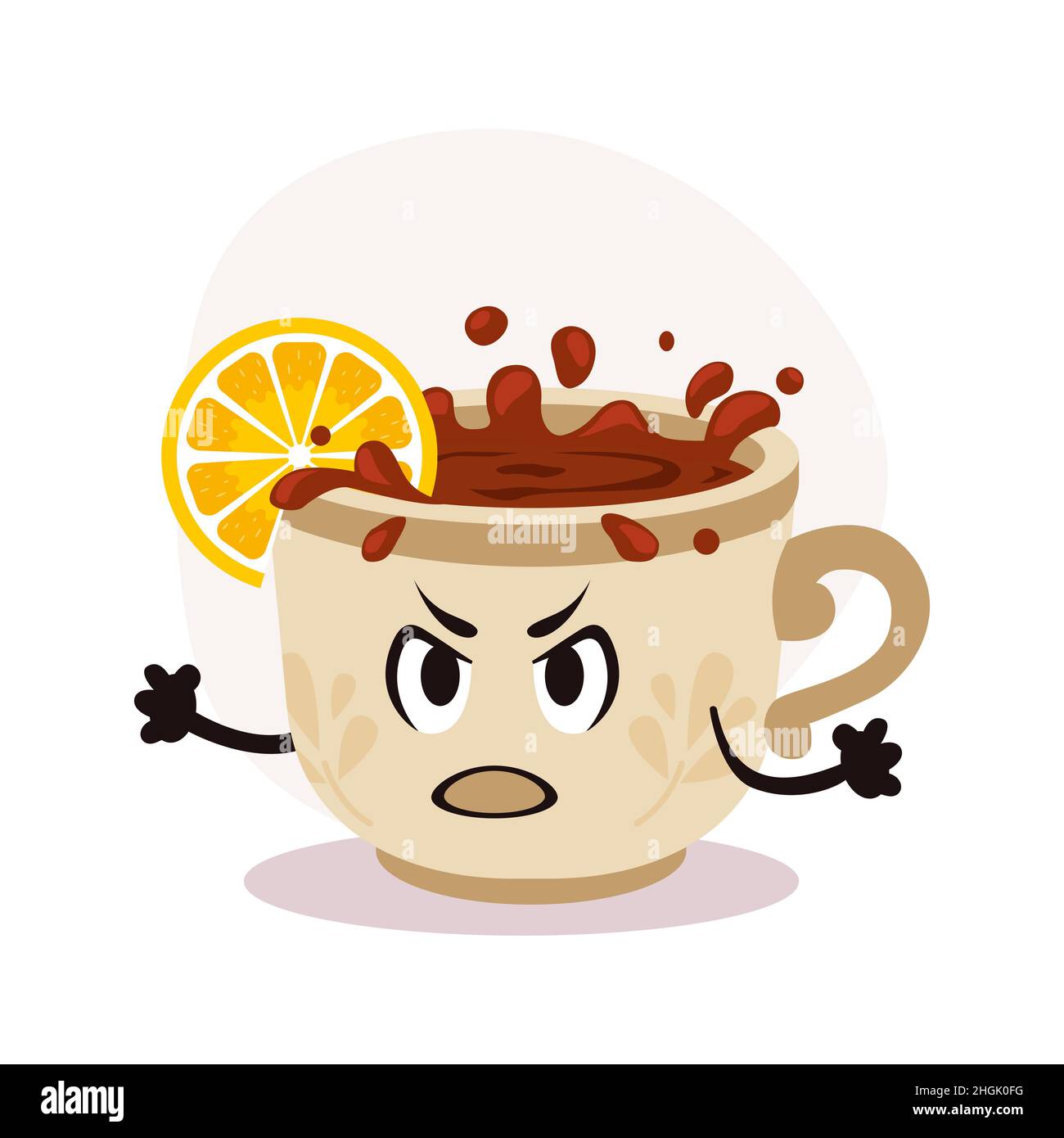 Vector white tea cup with hot drink. Tea with lemon piece. Angry ...