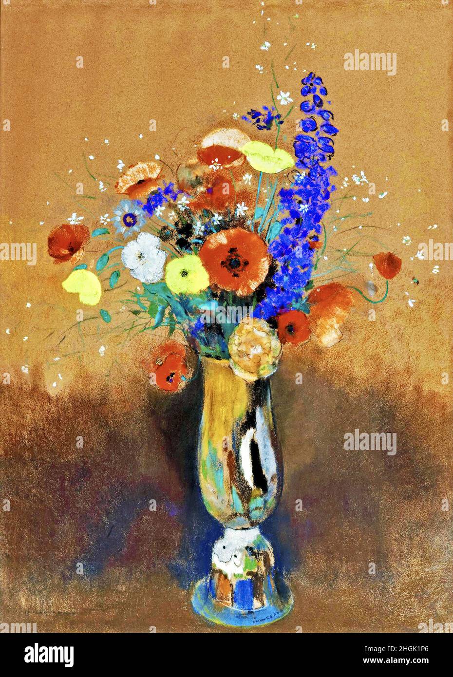 Bouquet de fleurs des champs dans un vase à long col - 1912c. - pastel ...