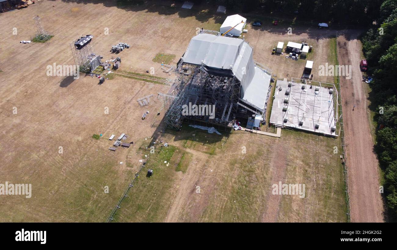 workers build a concert stage. Concept High-rise works. metal designs ...