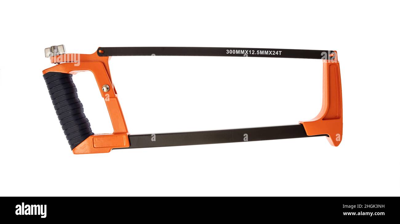 Hacksaw, work tool. Hand saw isolated cut out on white background ...