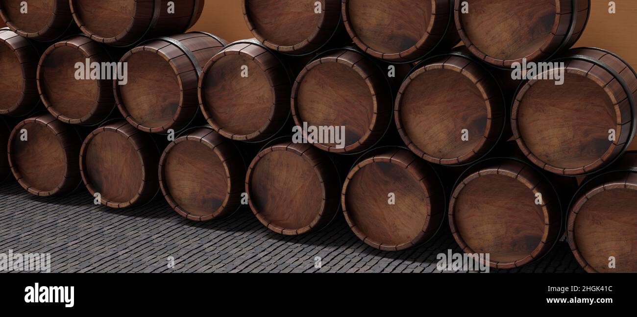 Wine beer casks stacked in a dark cellar. Oak wood barrel for rum ...