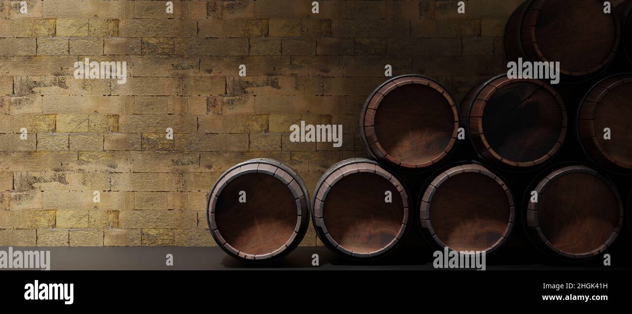 Oak wood barrel, wine beer casks stacked on the floor in a dark cellar ...