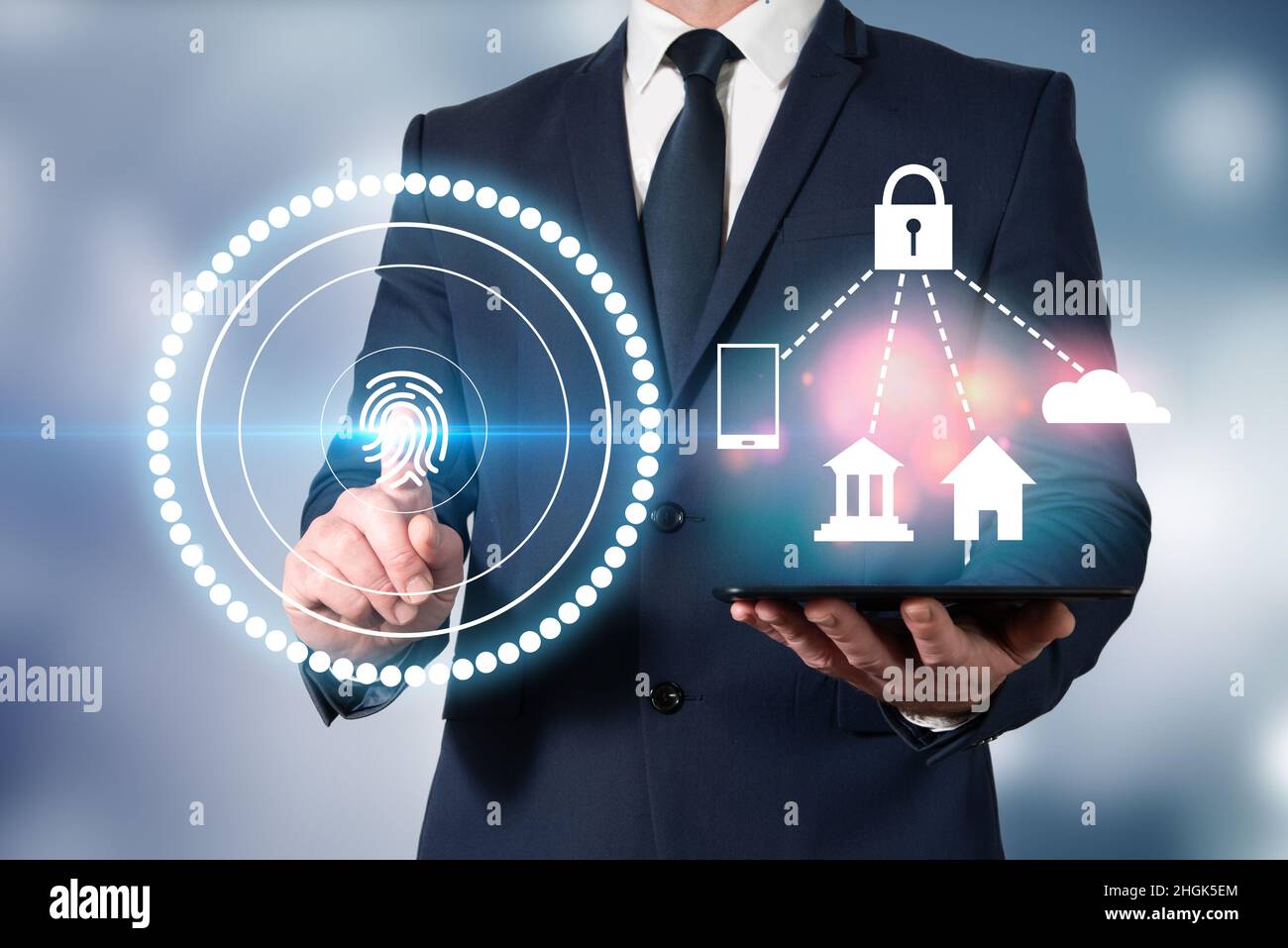 Man in jacket scanning his fingerprint to access and unlock his ...