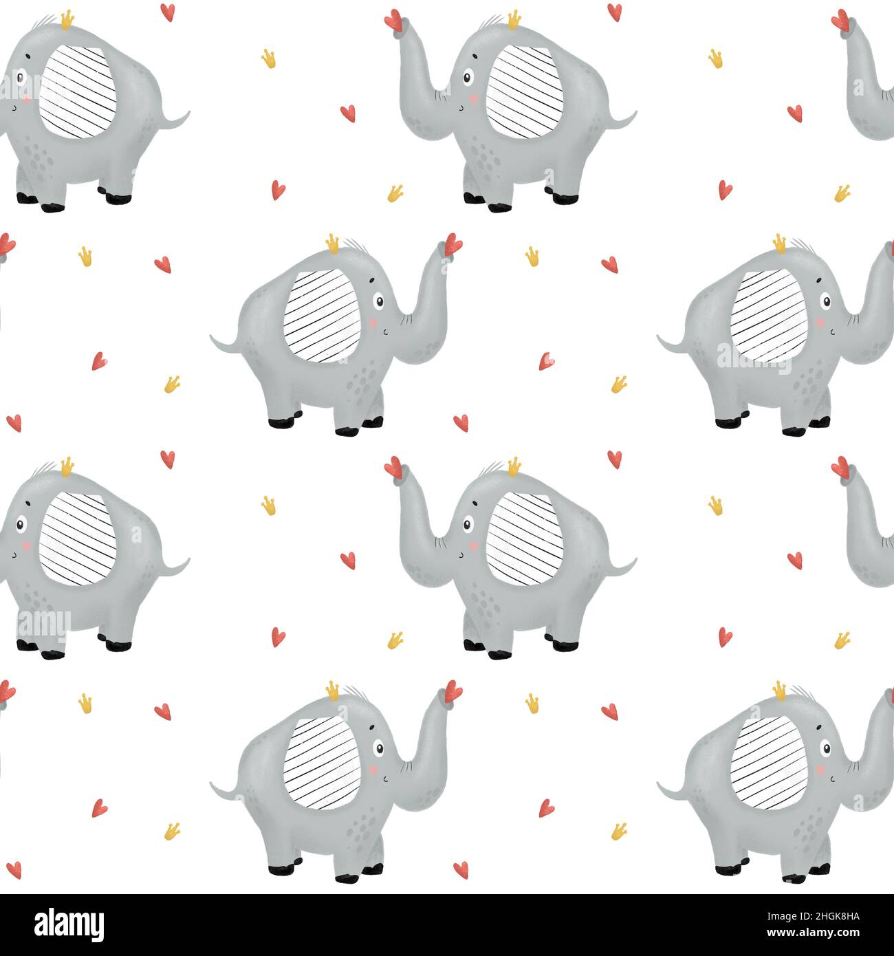 Seamless pattern. Cute elephant prince with crown holds heart in his ...