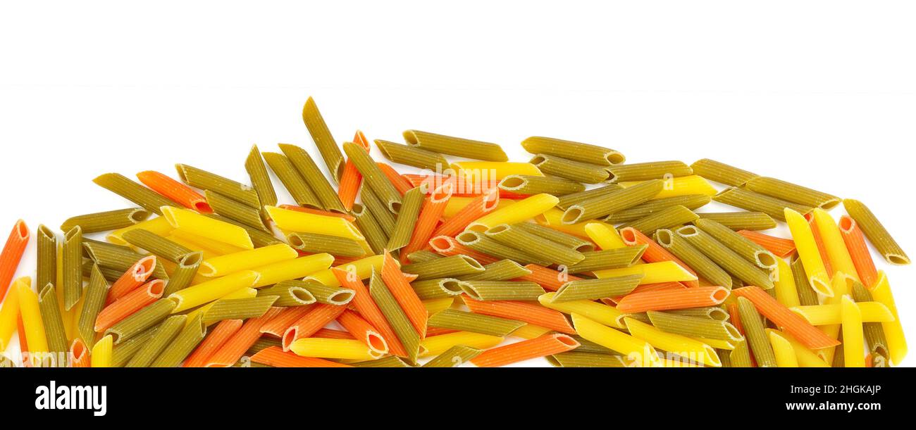 Colored dry macaroni isolated on white background. Healthy food. Wide ...
