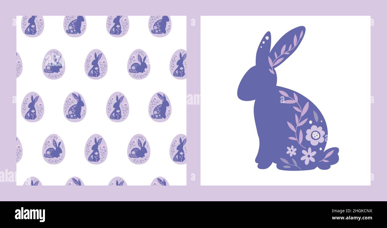 Happy Easter. Easter bunnies in eggs are decorated flowers. Seamless ...