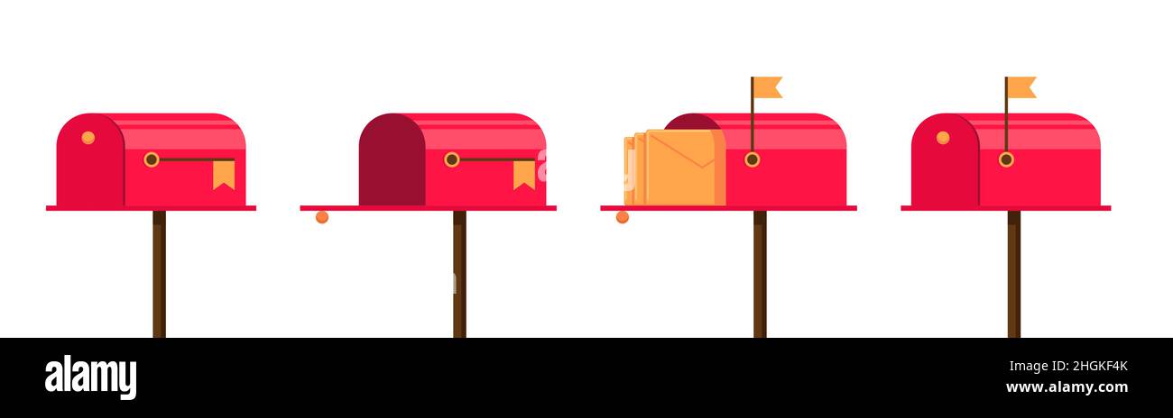 Red mailbox set. Closed and open, raised flag and letter inside. Empty ...