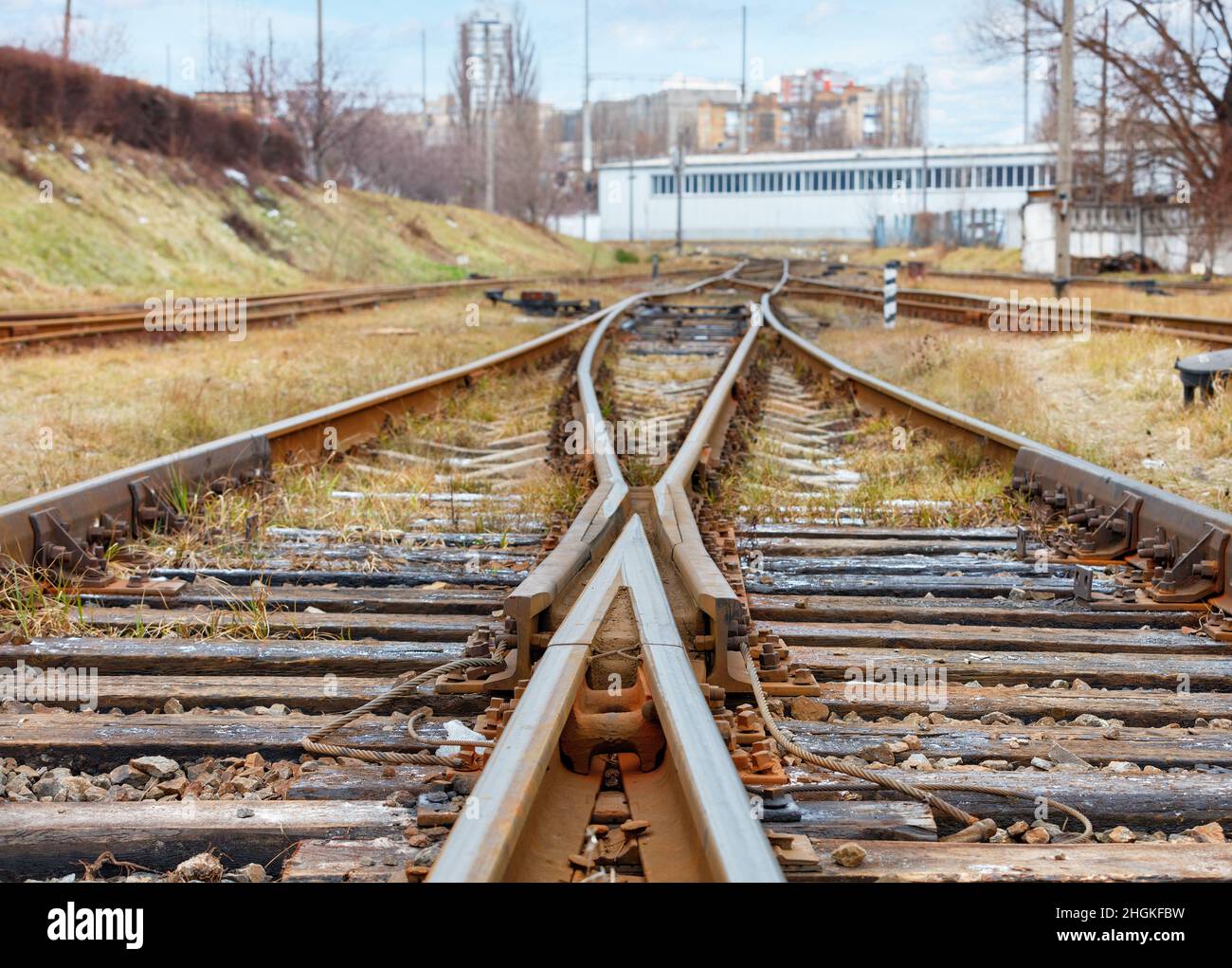 Railway automatic dividing arrow closeup against the background of ...