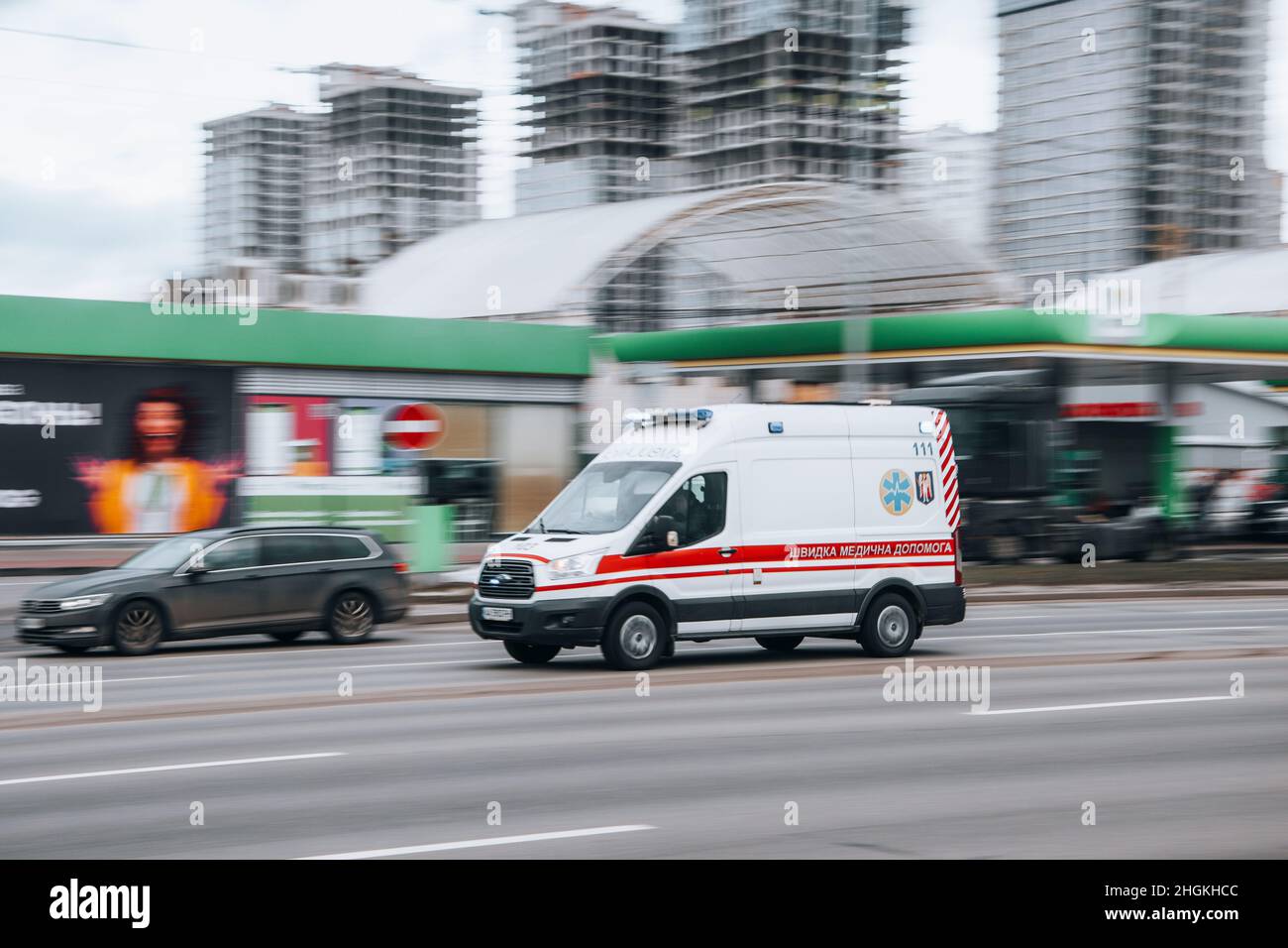Ukraine, Kyiv - 15 January 2022: Silver Ford Ambulance car moving on ...