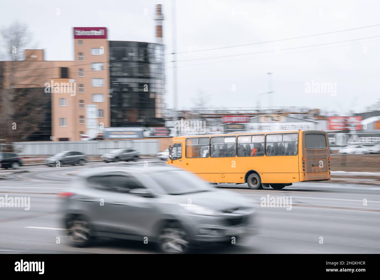 Ukraine, Kyiv - 15 January 2022: Yellow public transport bus car moving ...
