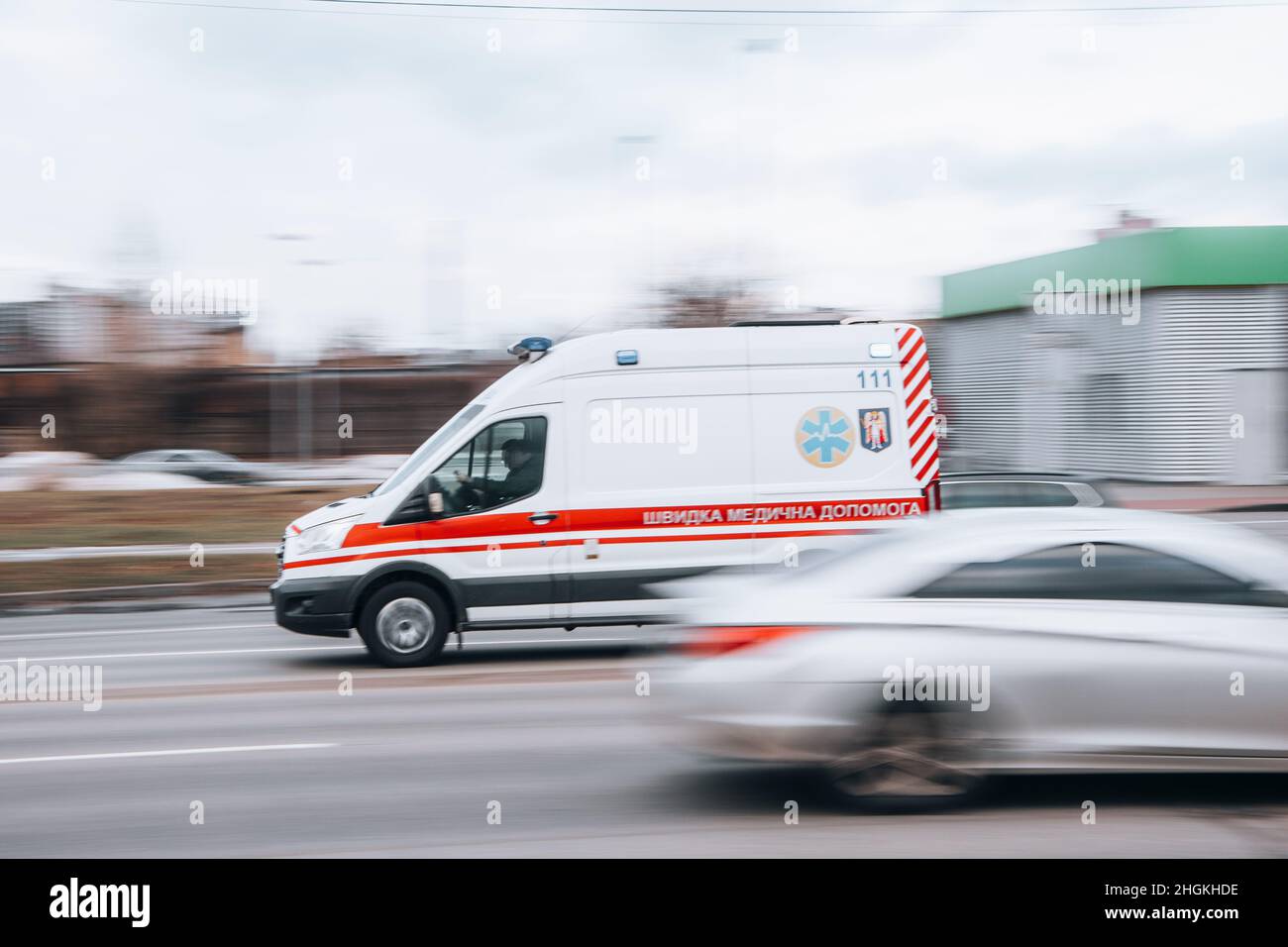Ukraine, Kyiv - 15 January 2022: Silver Ford Ambulance car moving on ...