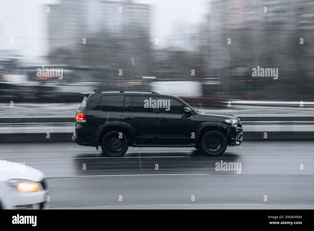 Ukraine, Kyiv - 15 January 2022: Black Toyota Land Cruiser car moving ...