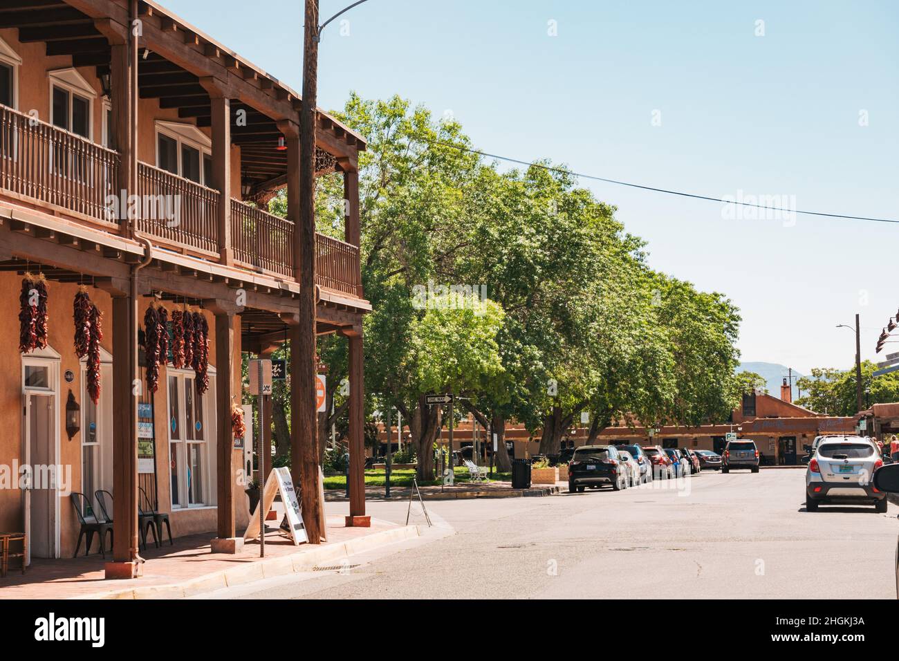 an historic building with wooden pillars and balcony in Albuquerque's ...