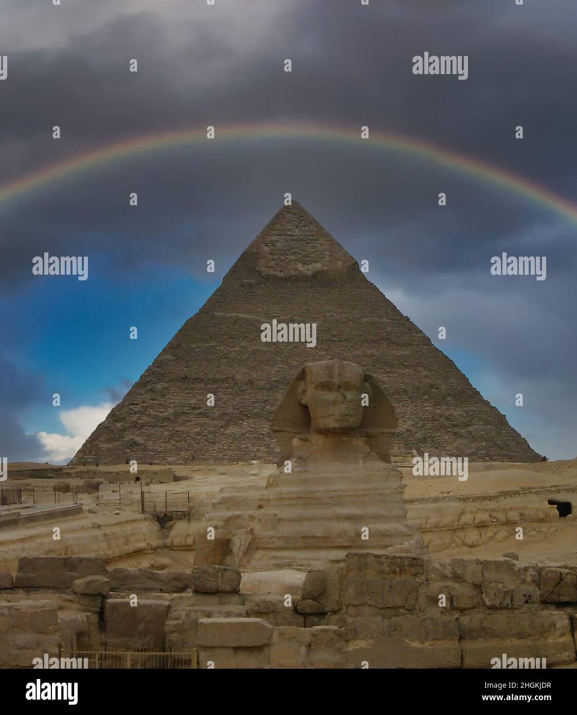 A rainbow over the Great Sphinx and Pyramids of Giza, near Cairo in ...