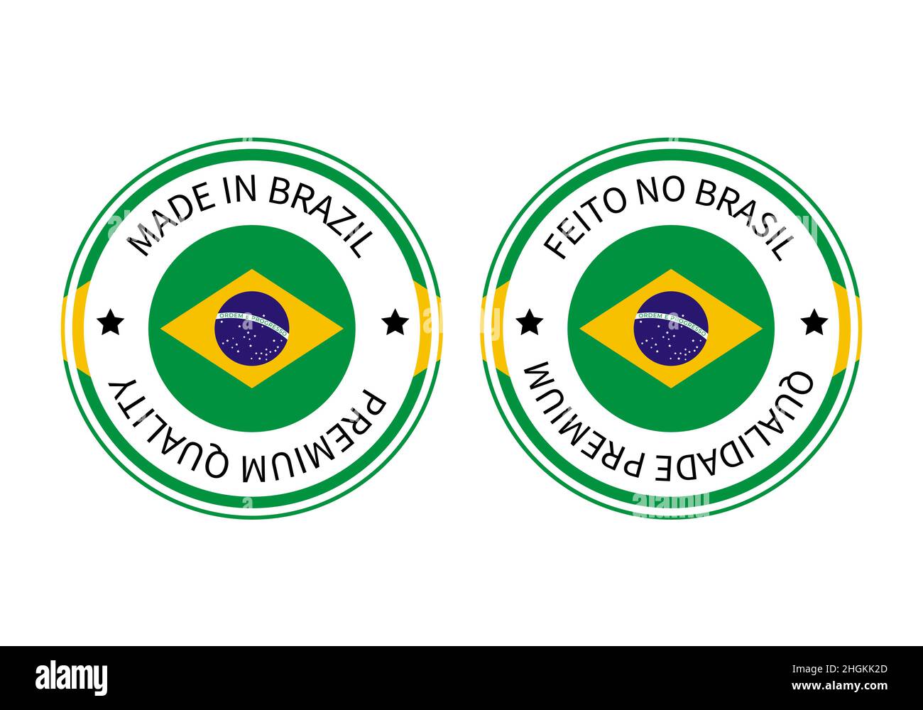 Made in Brazil labels round in English and in Portuguese languages ...