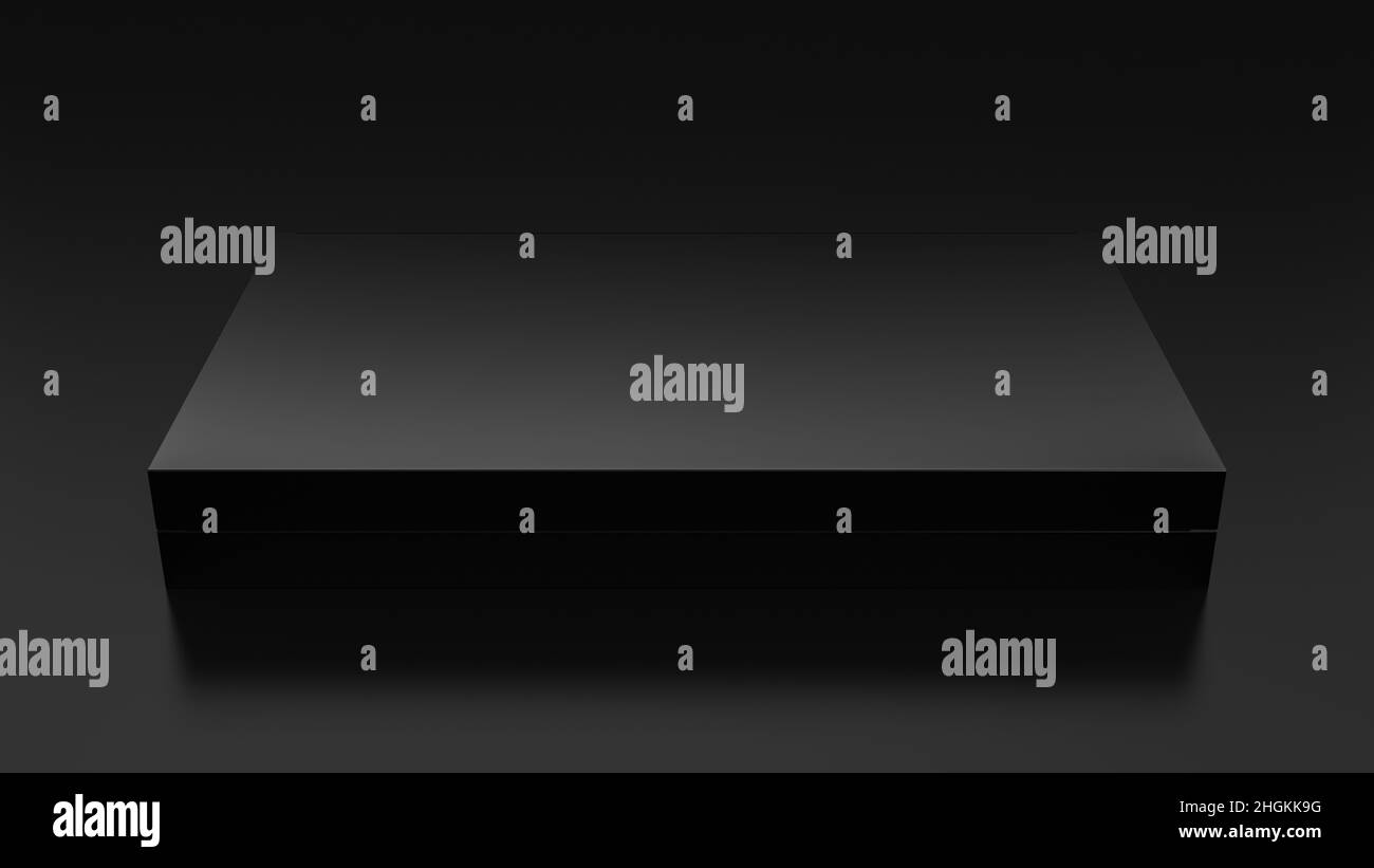 Flat box mock up: Black gift box on black background. Front view Stock ...