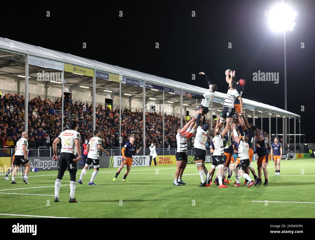 A record crowd watches players compete in a line-out during the EPCR ...