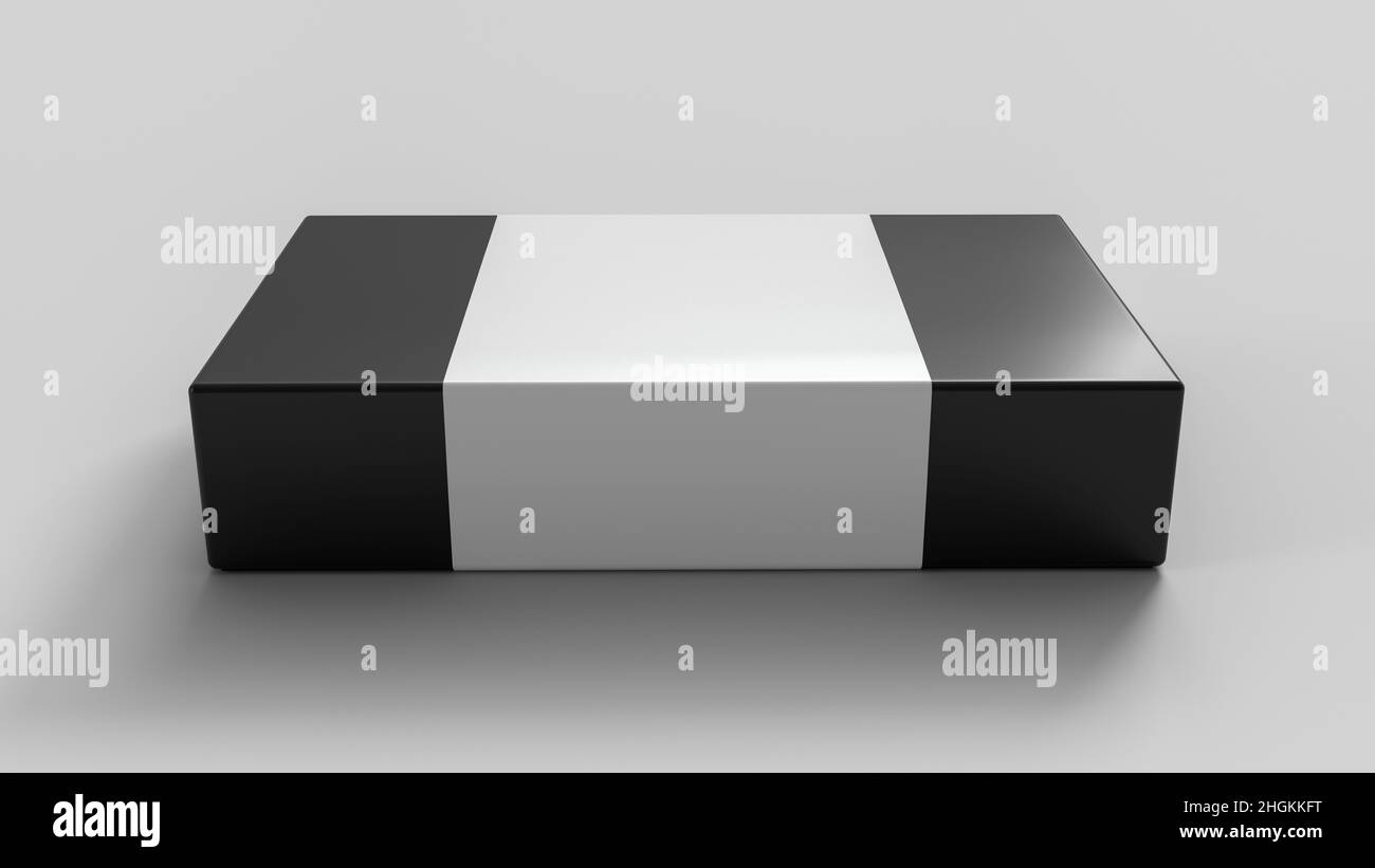 Flat box mock up with blank paper cover label: Black gift box on white ...