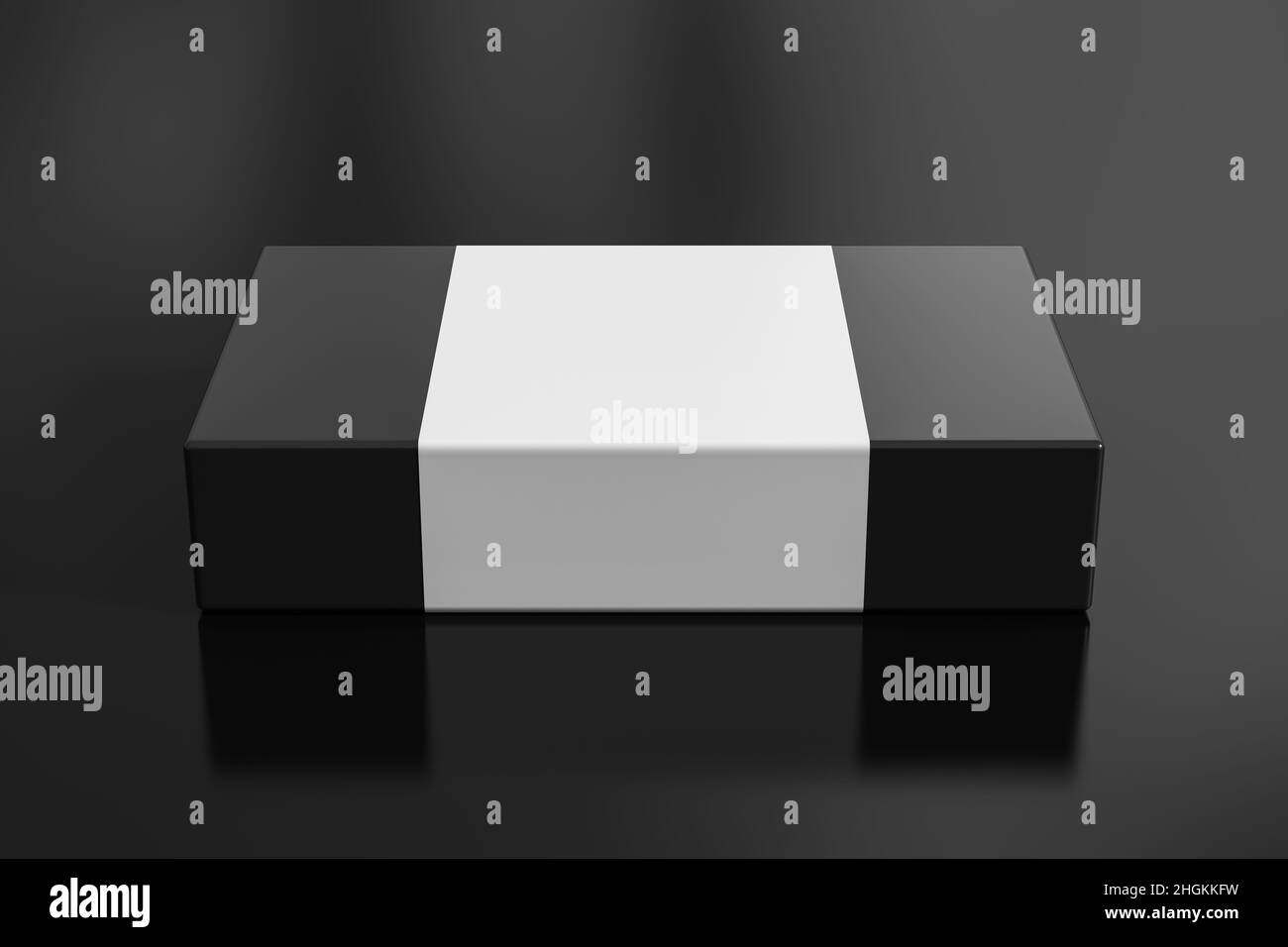 Flat box mock up with blank paper cover label: Black gift box on black ...