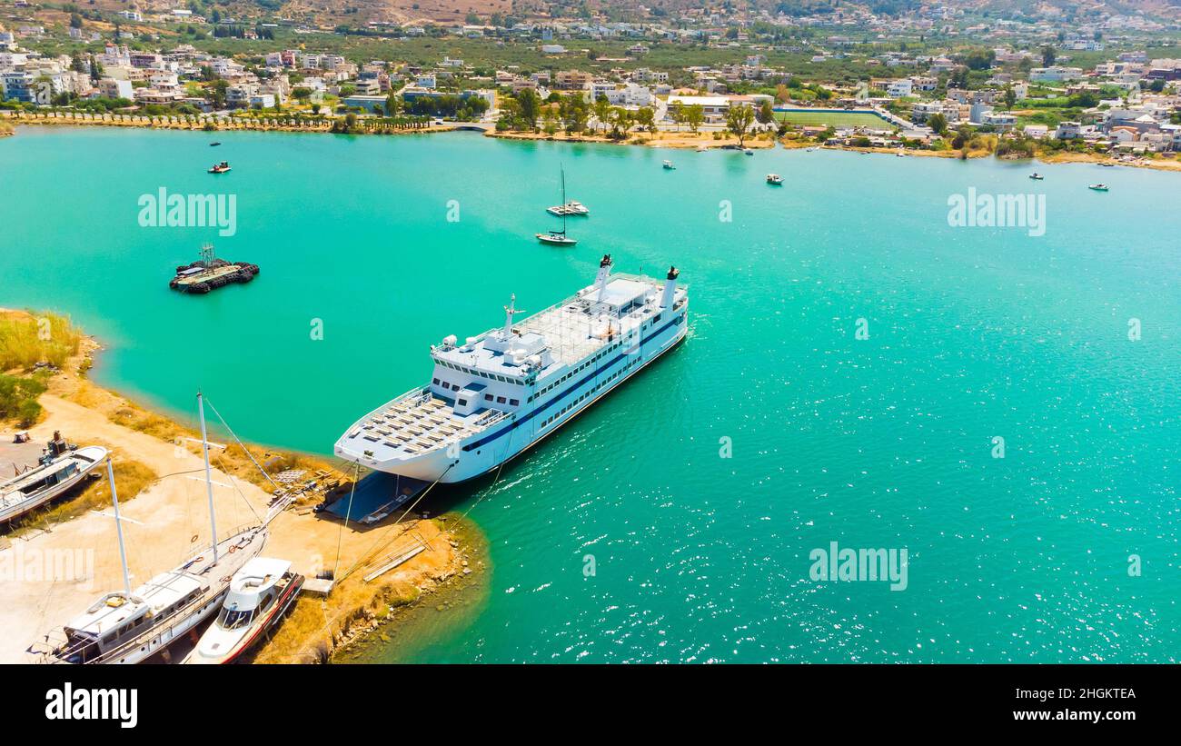 Aerial view of the beautiful city of Chania with it's old harbor and ...