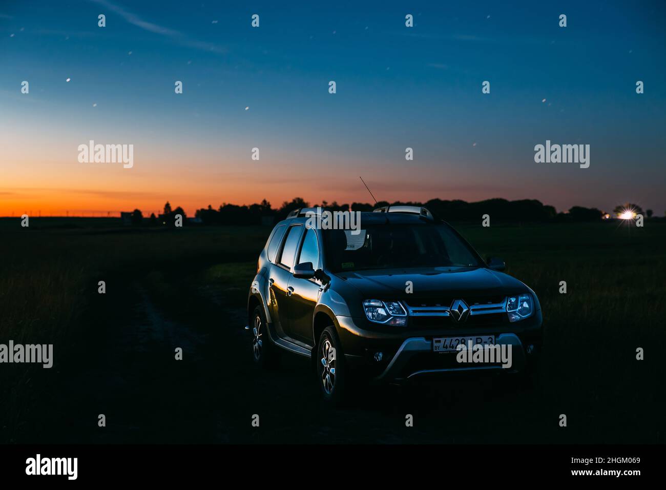 Night Starry Sky Above Renault Duster Suv In Summer Meadow Landscape ...