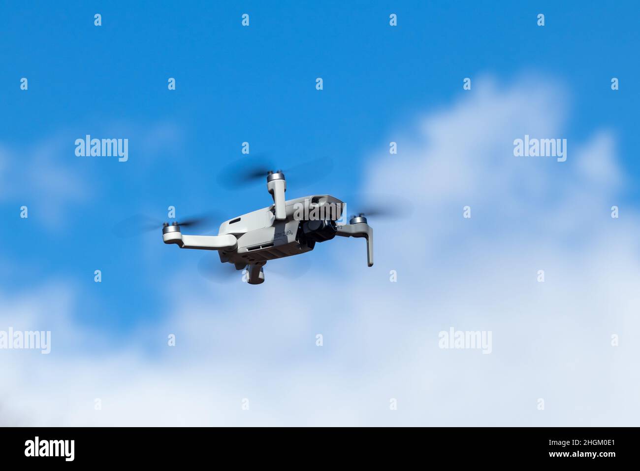 Kharkiv, Ukraine - March 6, 2021: Dji Mavic Mini 2 drone, flying in ...