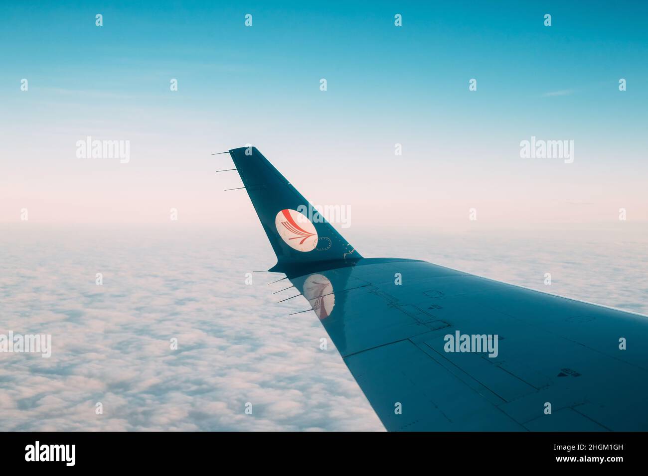 Minsk, Belarus. View from window on the wing of the aircraft with the ...