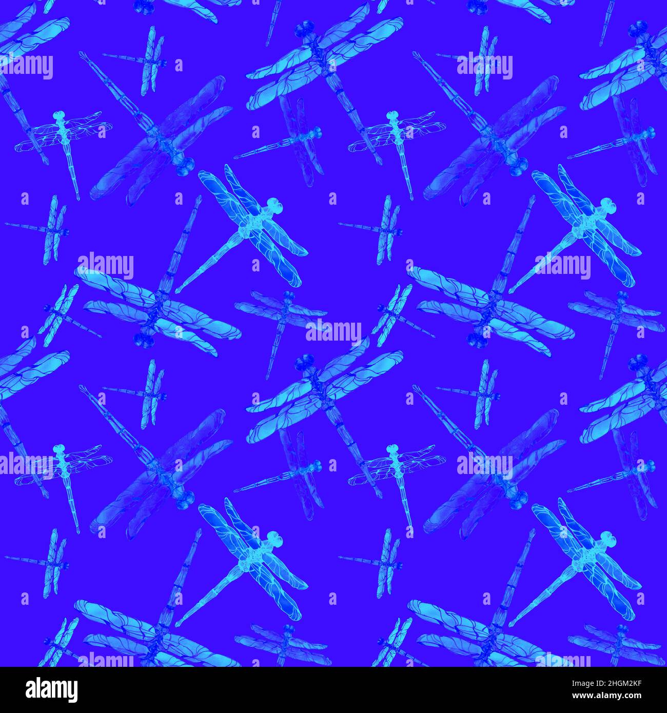 Watercolor handdrawn blue dragonflies in seamless pattern on bright ...