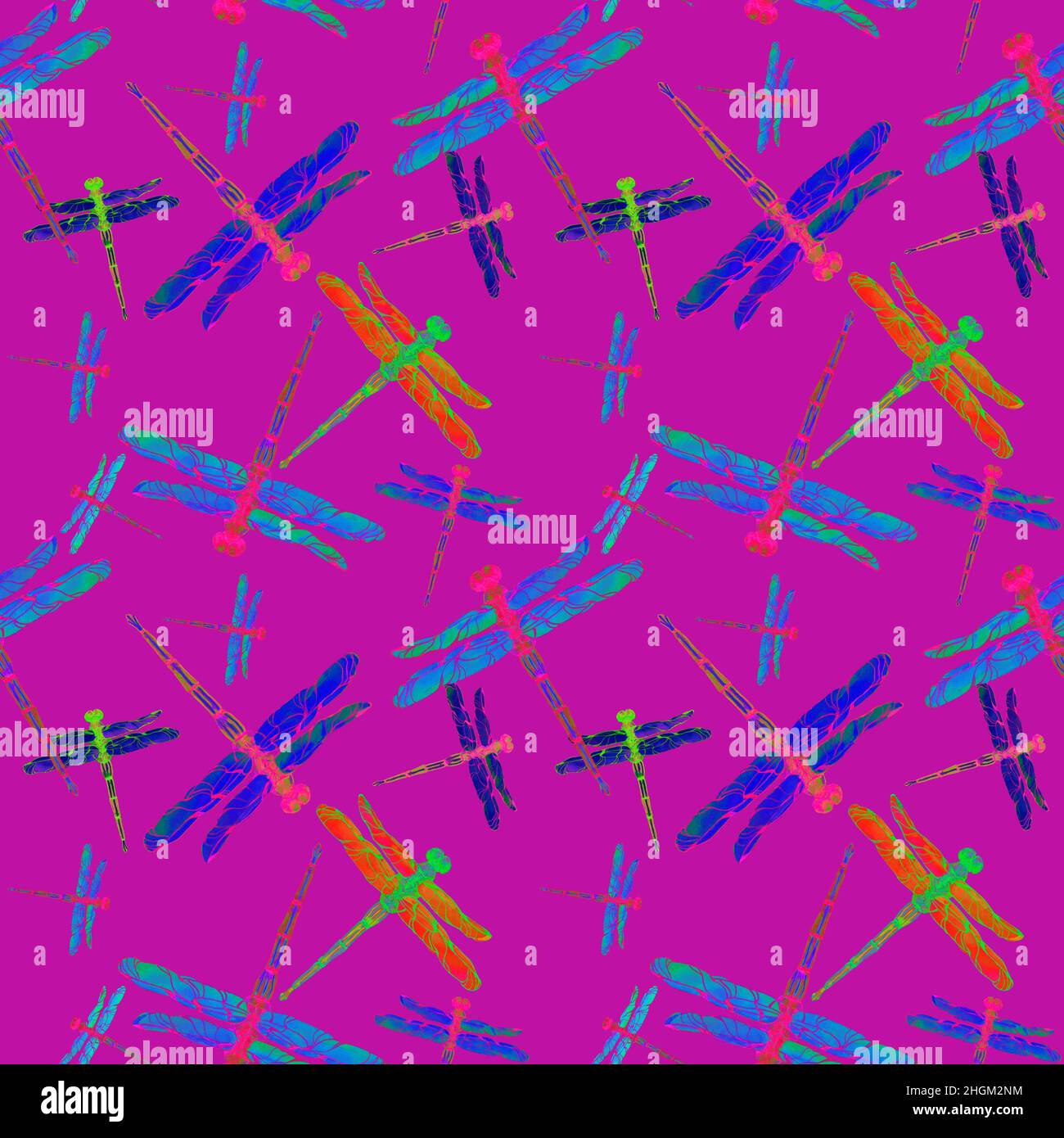 Watercolor handdrawn dragonflies in seamless pattern on bright pink ...