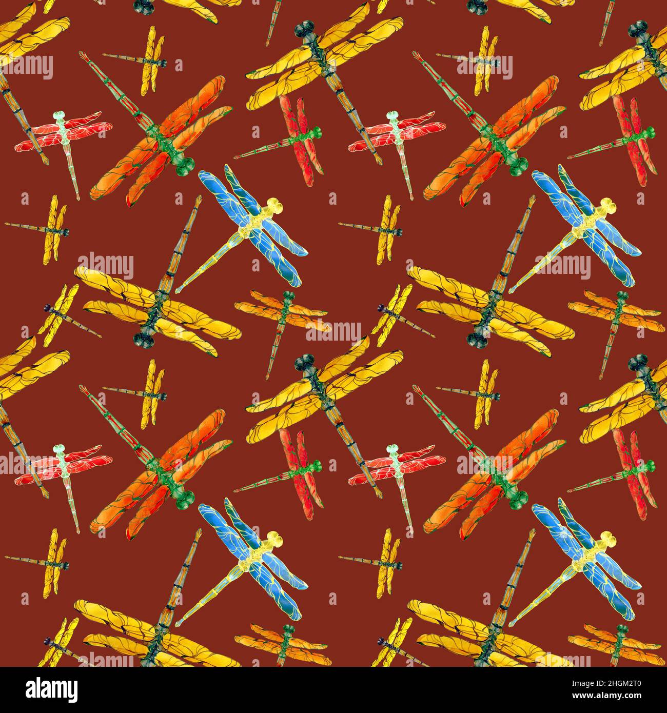 Watercolor handdrawn dragonflies in seamless pattern on red background ...
