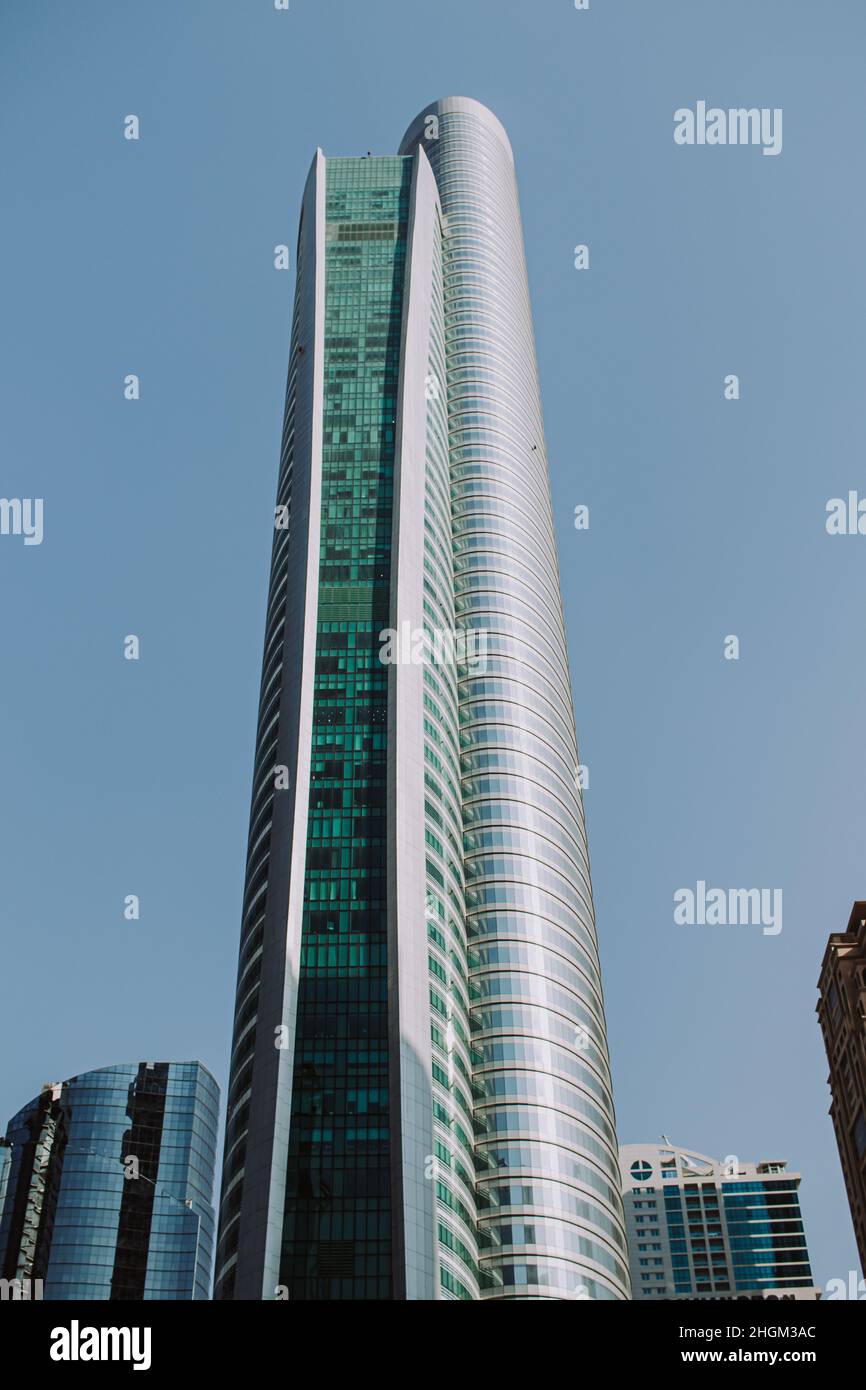 Daytime modern high tech glass skyscraper business tower and ...