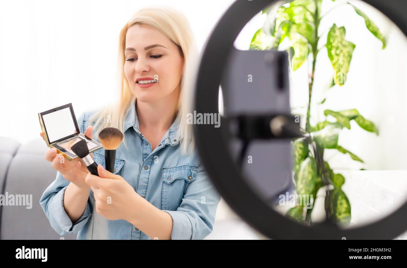 Female Vlogger Recording Broadcast At Home Stock Photo - Alamy