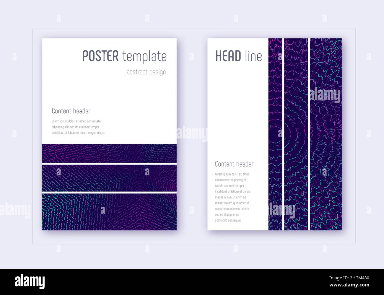 Geometric cover design template set. Neon abstract lines on dark blue ...