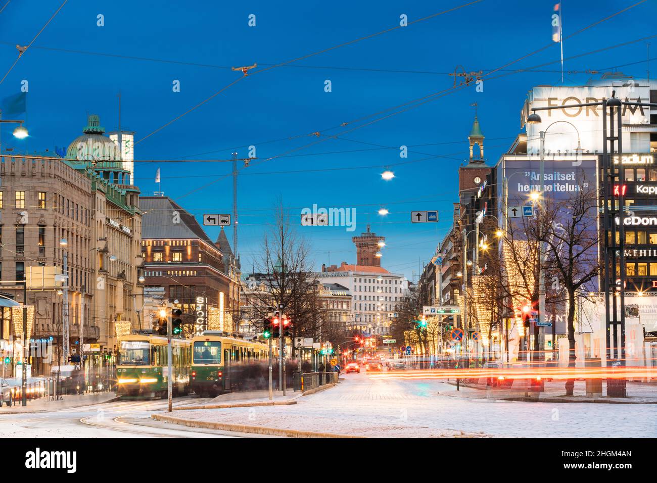 Helsinki, Finland. Tram Departs From A Stop On Street Aleksanterinkatu ...