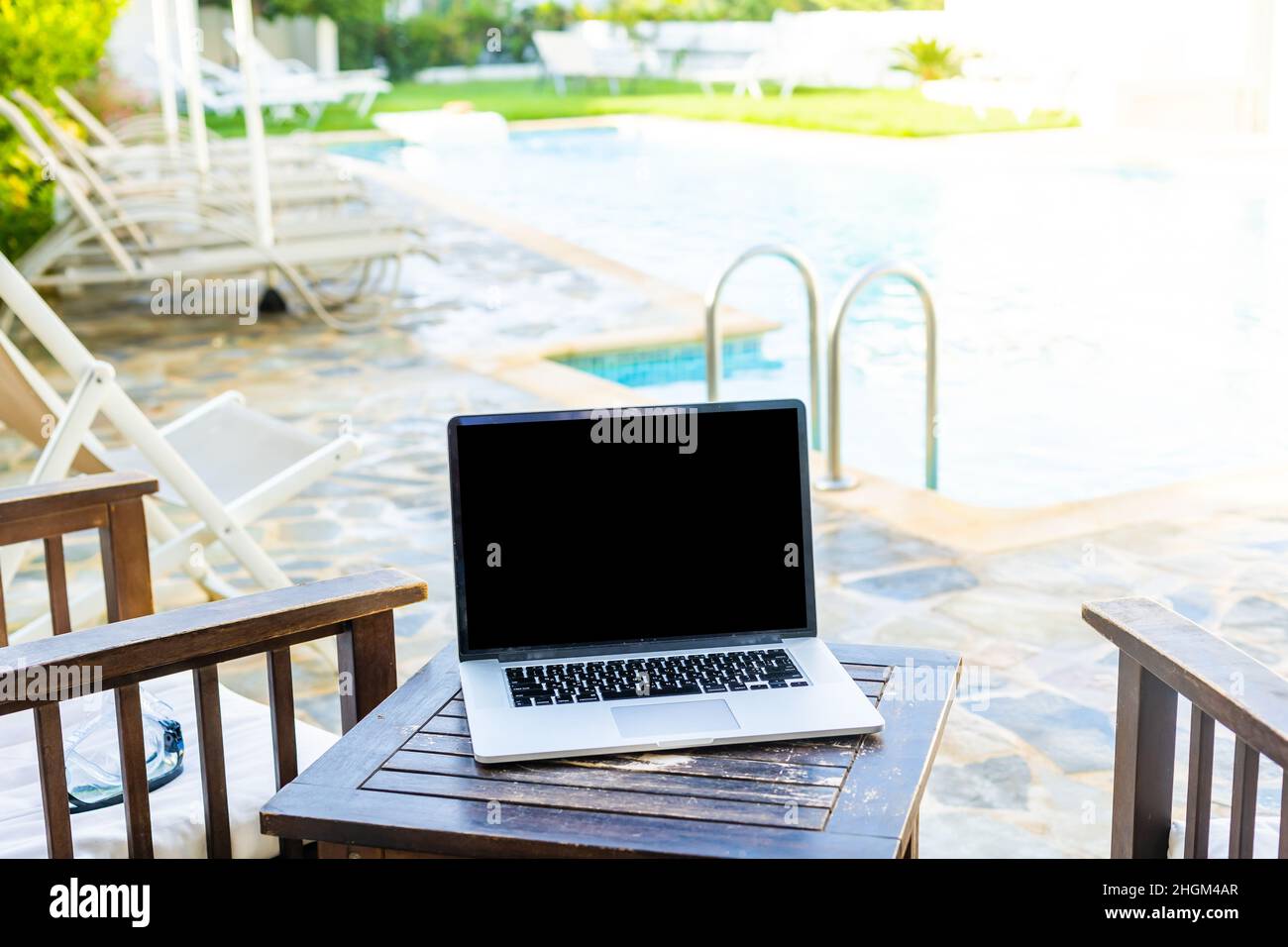computer on table background as a pool Stock Photo - Alamy