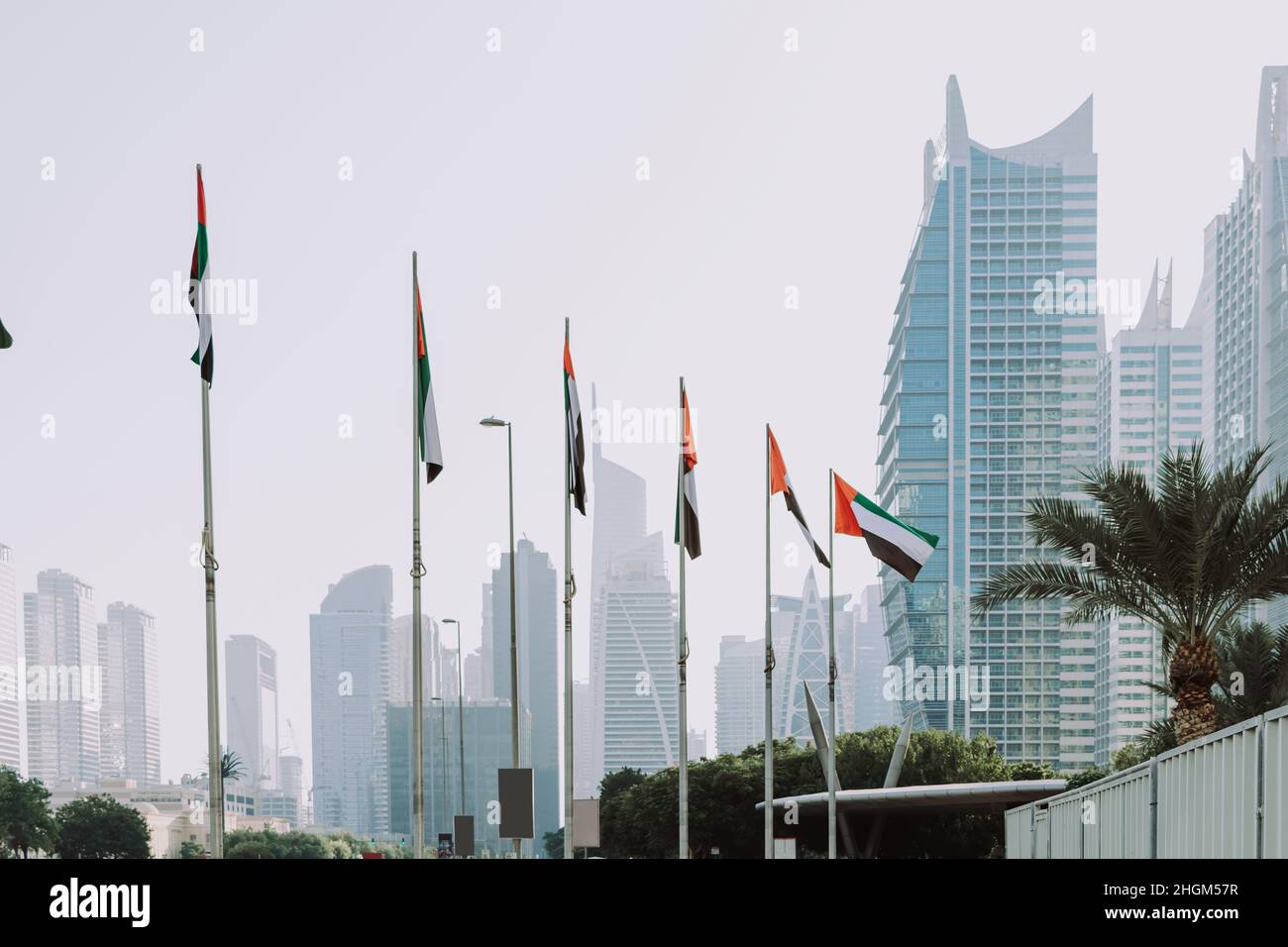 UAE national symbol flag waving outdoor with city and sky background ...