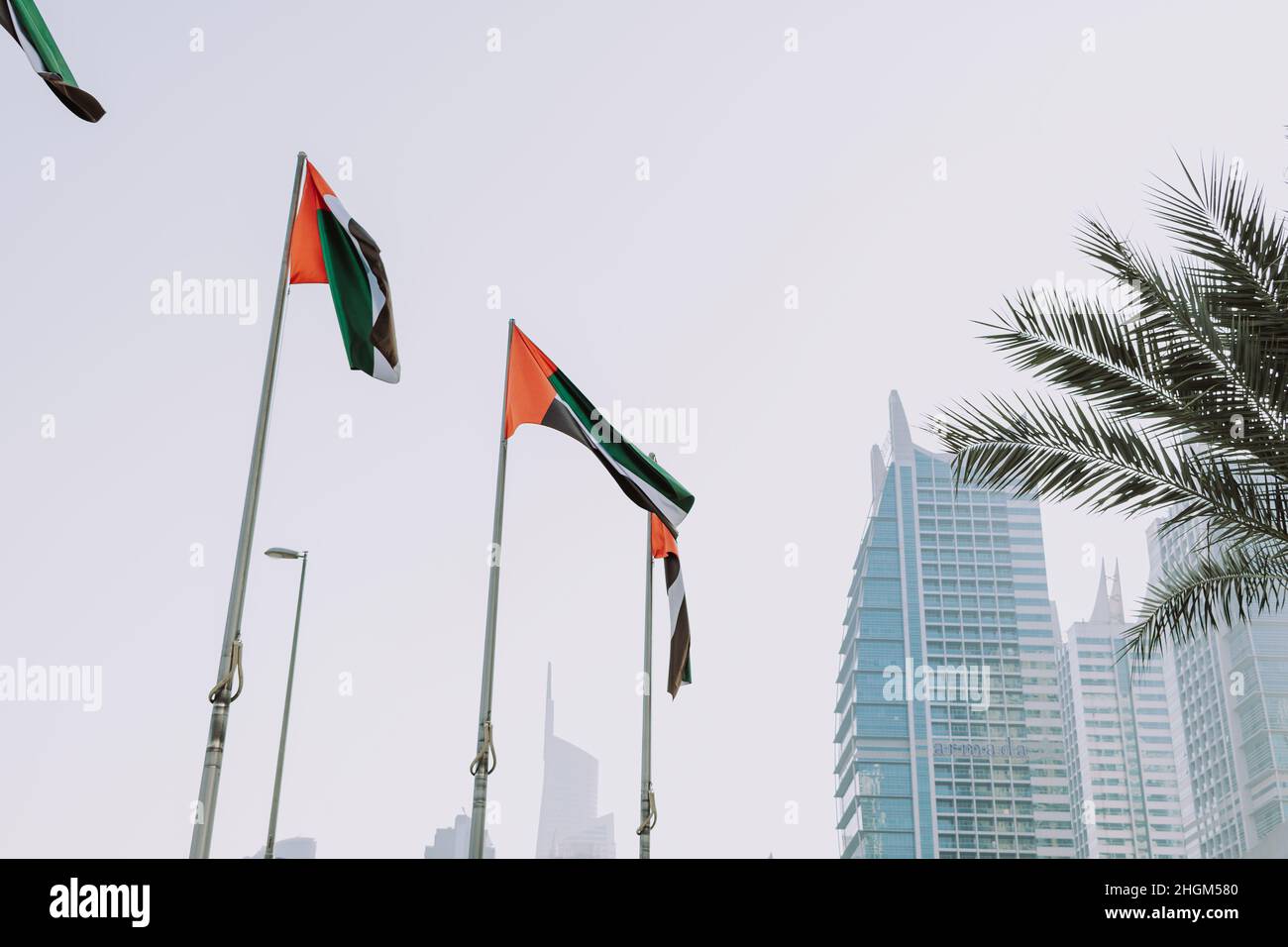 UAE national symbol flag waving outdoor with city and sky background ...