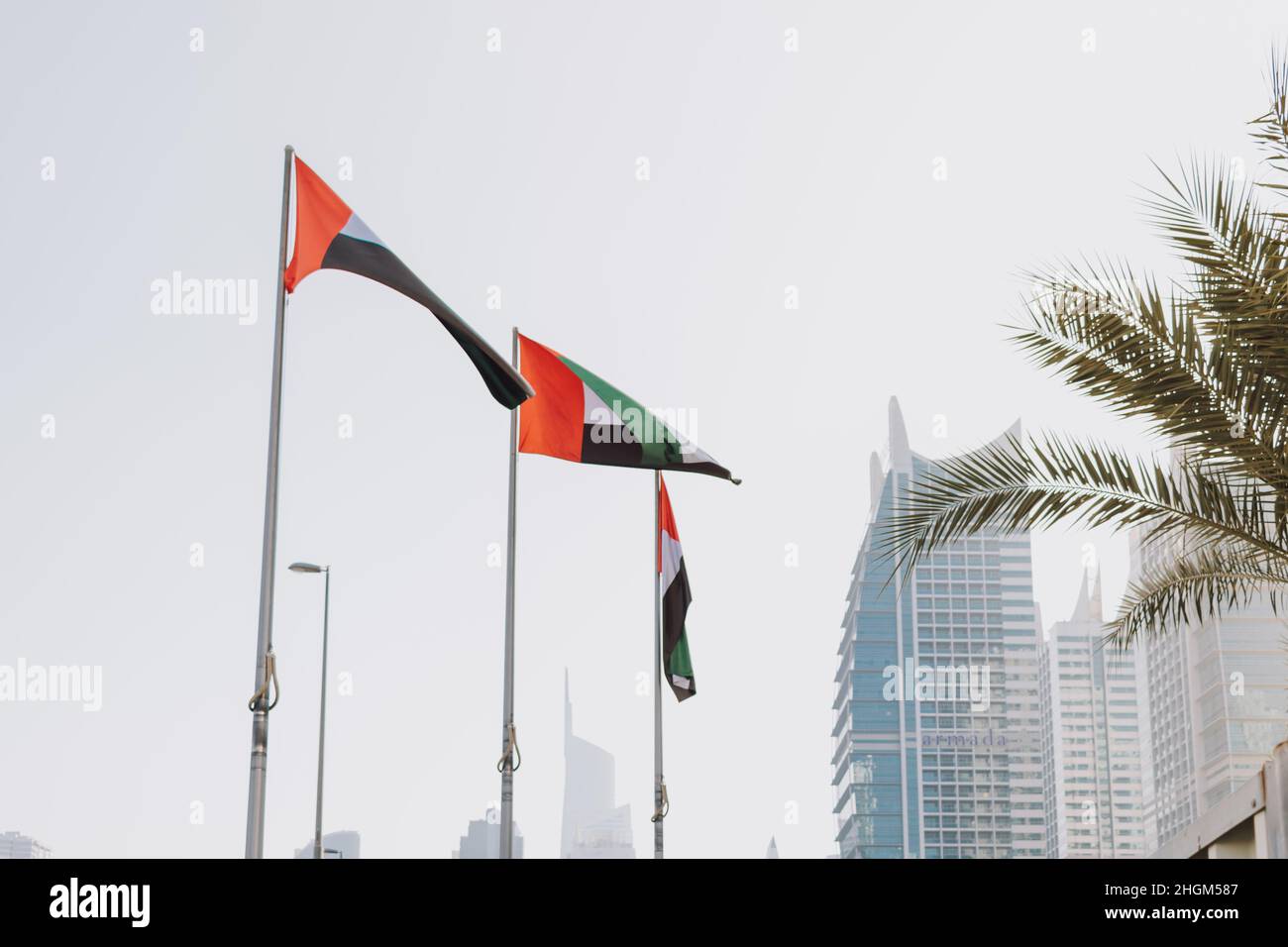 UAE national symbol flag waving outdoor with city and sky background ...