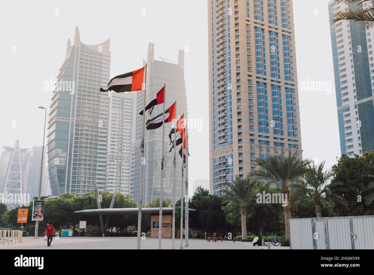 UAE national symbol flag waving outdoor with city and sky background ...