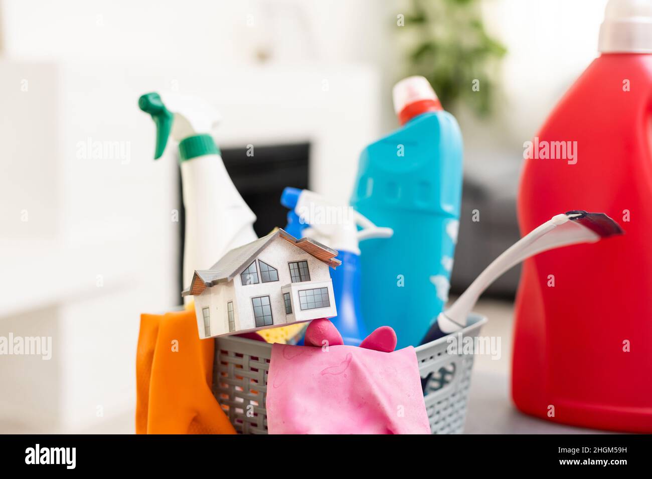 Assorted cleaning products on white background Stock Photo - Alamy