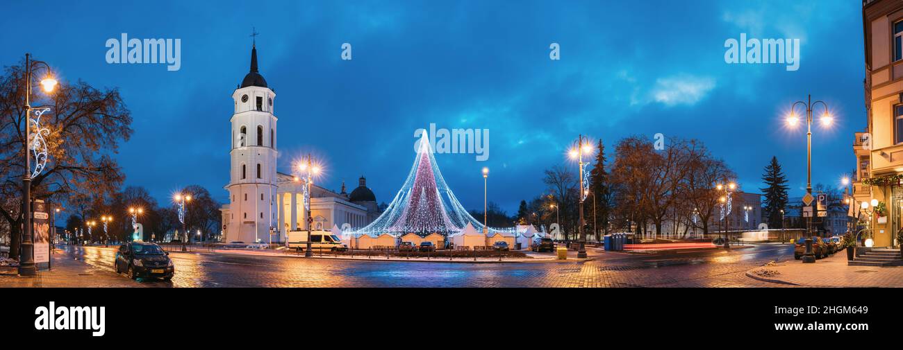 Vilnius, Lithuania. Christmas Tree On Background Bell Tower Belfry Of ...