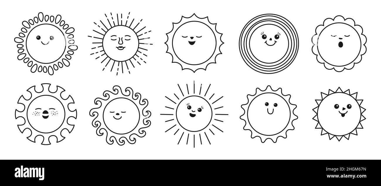 Sun emotion doodle outline character set. Faces summer cute suns ...