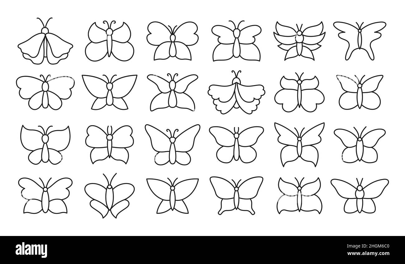 Butterfly icon set. Line doodle elegant exotic butterflies and moths ...