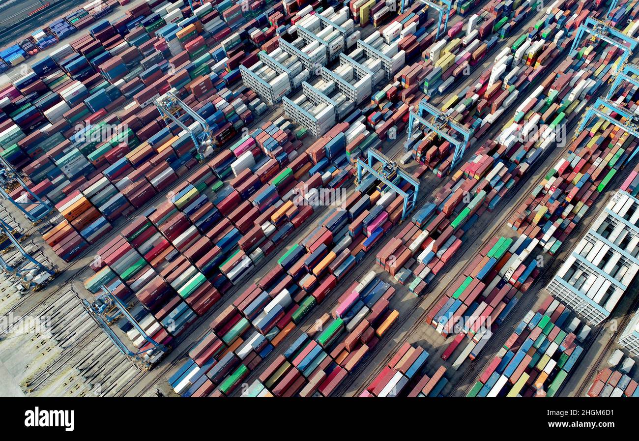 QINGDAO, CHINA - JANUARY 21, 2022 - A view of the container yard at ...