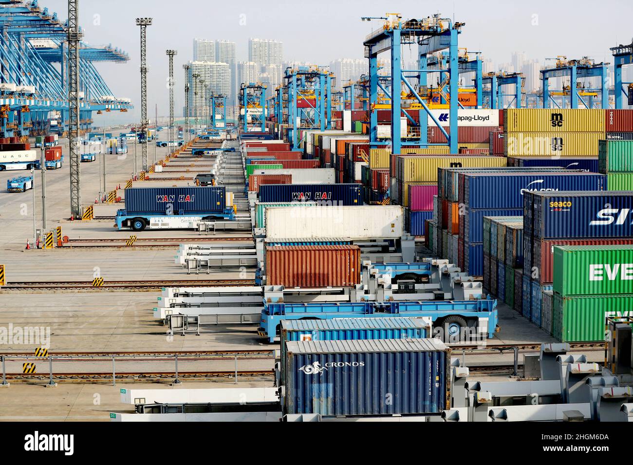 QINGDAO, CHINA - JANUARY 21, 2022 - A view of the container yard at ...