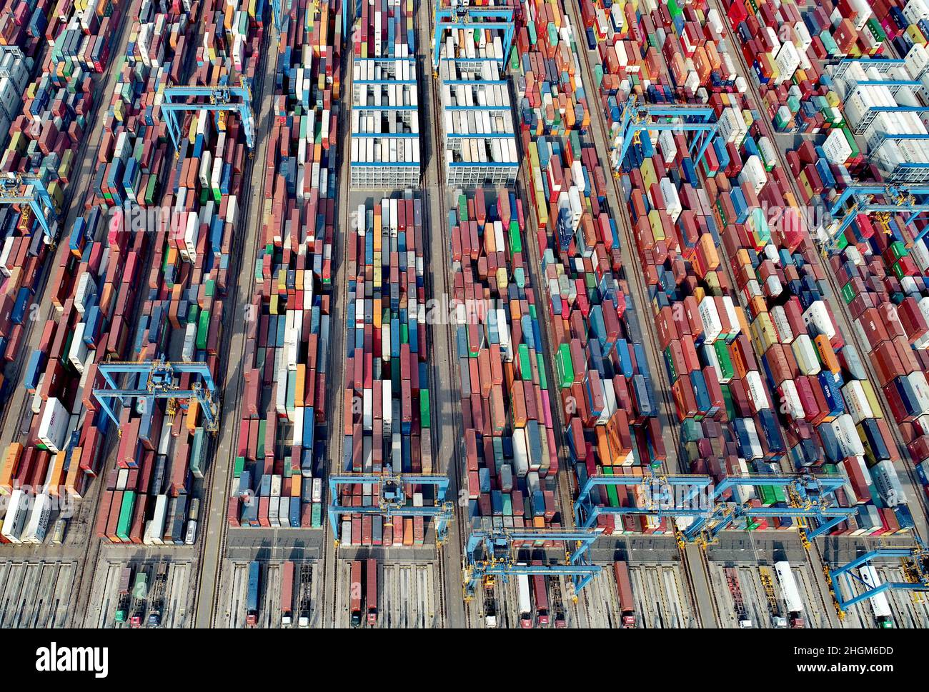 QINGDAO, CHINA - JANUARY 21, 2022 - A view of the container yard at ...