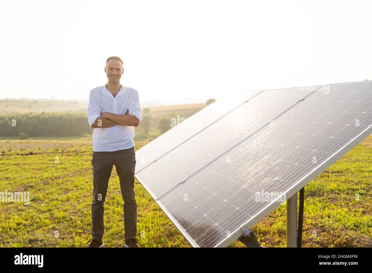 oung engineer is checking an operation of sun and cleanliness of ...