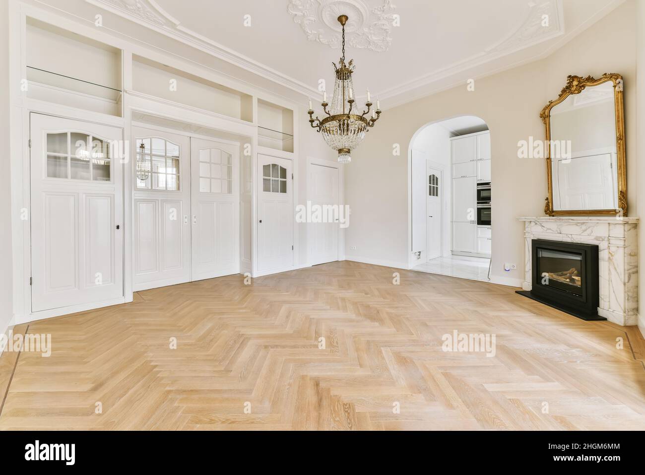 Amazing design of an empty room with a black fireplace and chandelier ...